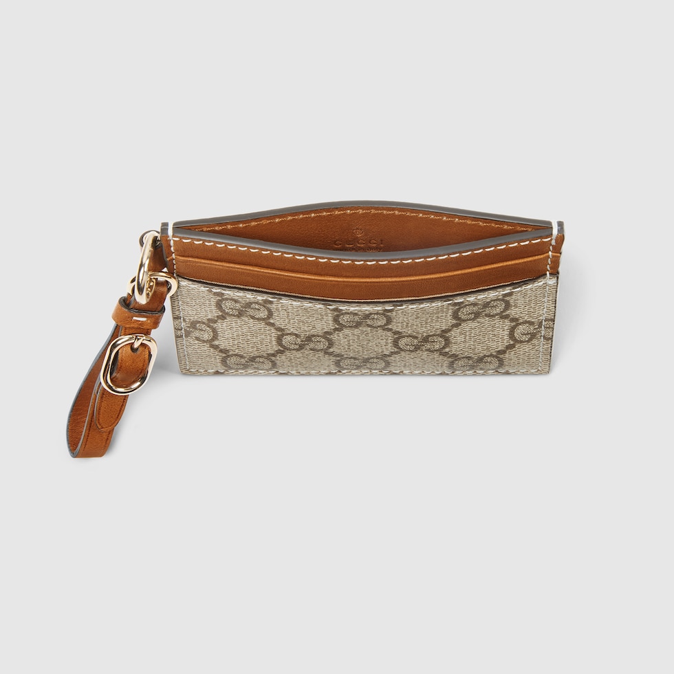 GG Emblem card case with strap in beige and dark brown fabric | GUCCI® UK