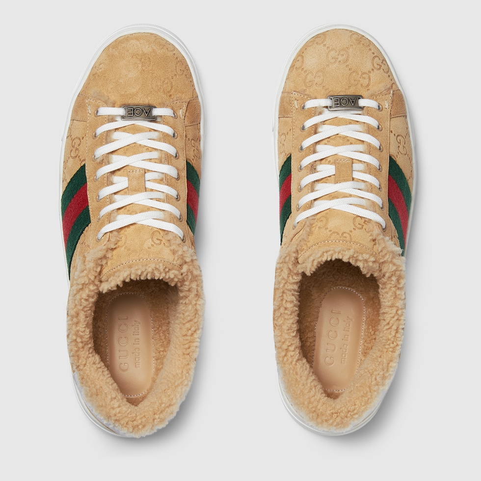 Men's Gucci Ace trainer with Web in beige GG suede | GUCCI® 香港
