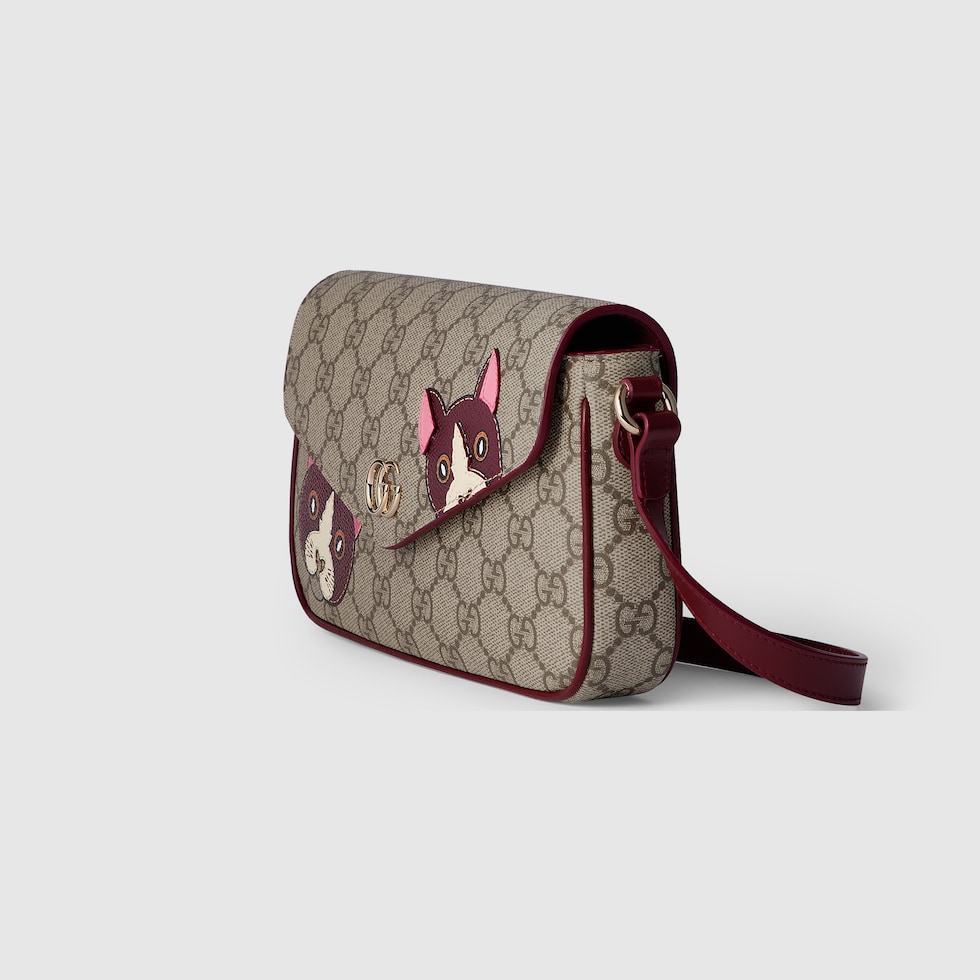 GG mini shoulder bag with cat detail in beige and dark brown fabric ...