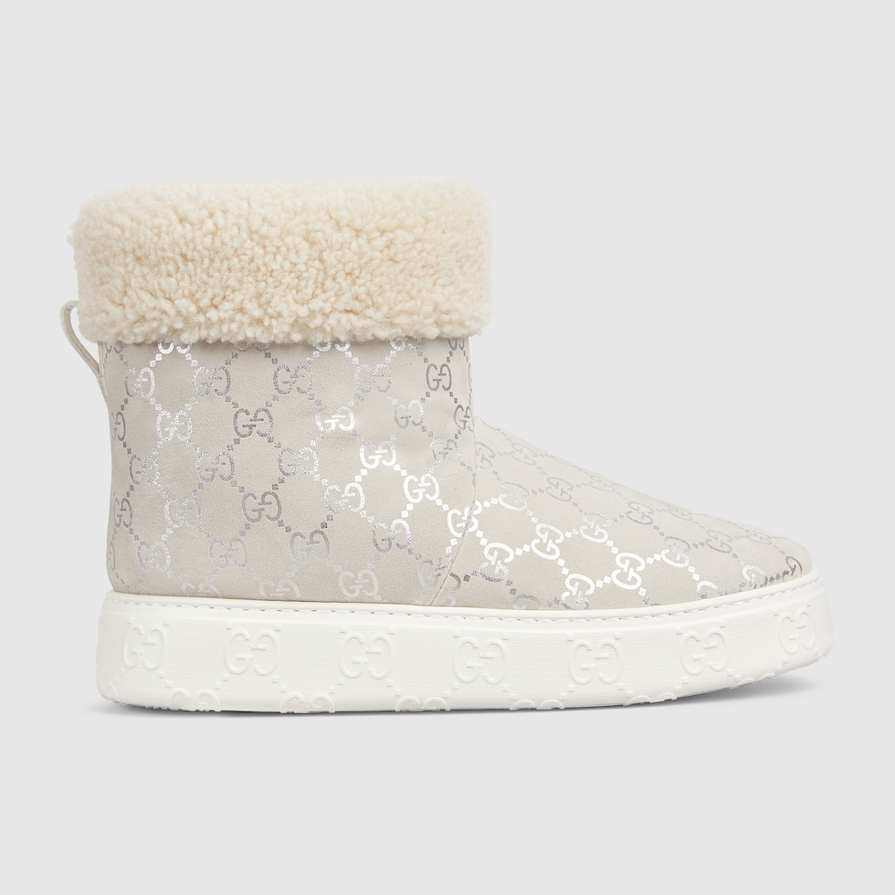 Women's boot with merinos trim in silver and grey GG suede | GUCCI® UK
