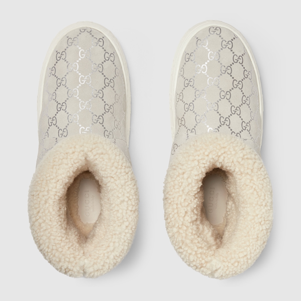 Women's boot with merinos trim in silver and grey GG suede | GUCCI® TR