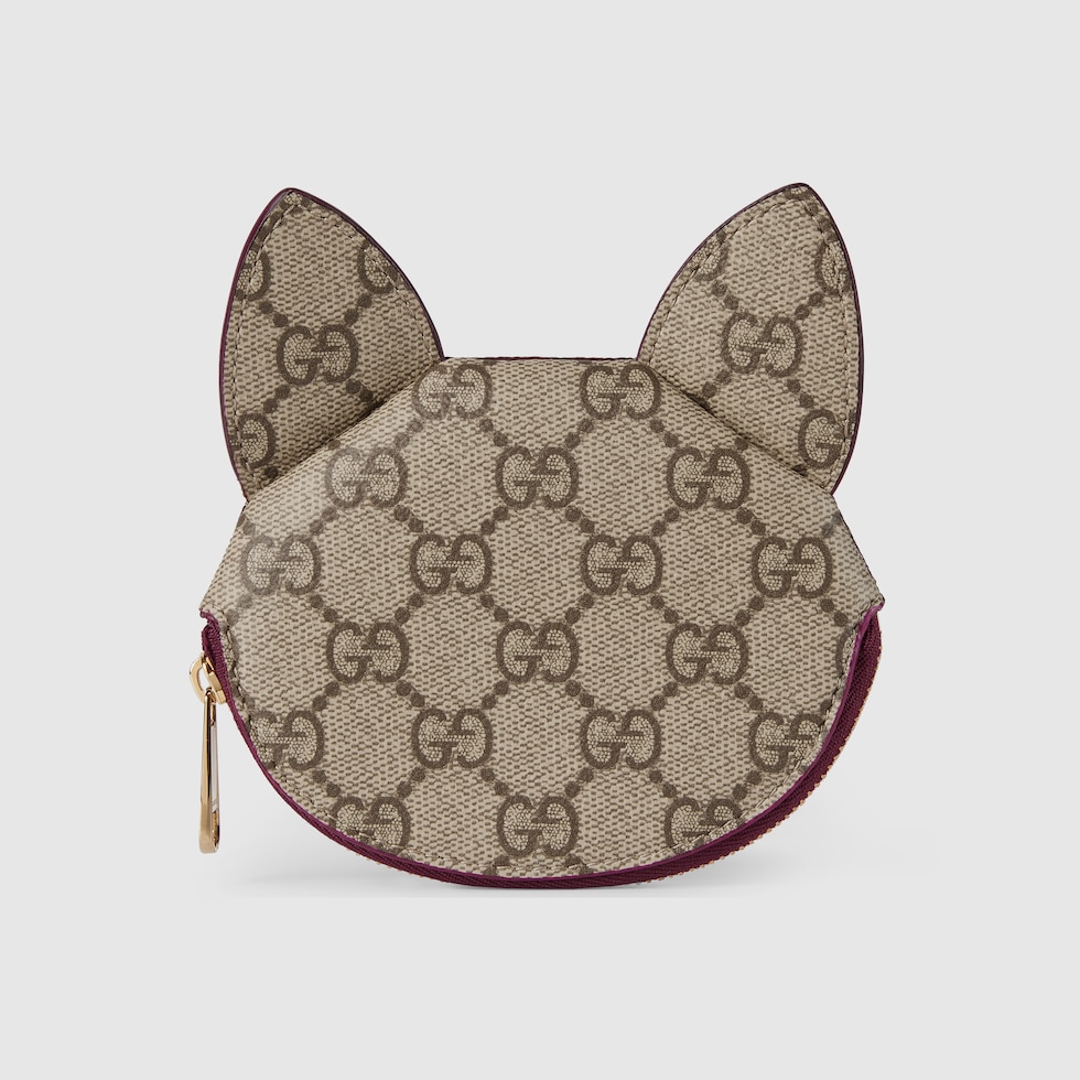 Cat-shape GG coin purse in beige and dark brown fabric | GUCCI® SG