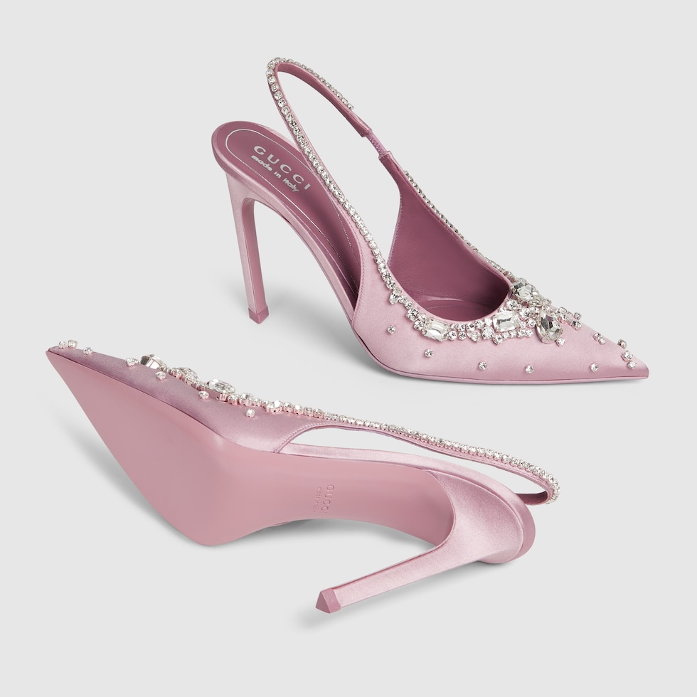 Women's pump with crystals in light pink satin | GUCCI® SE