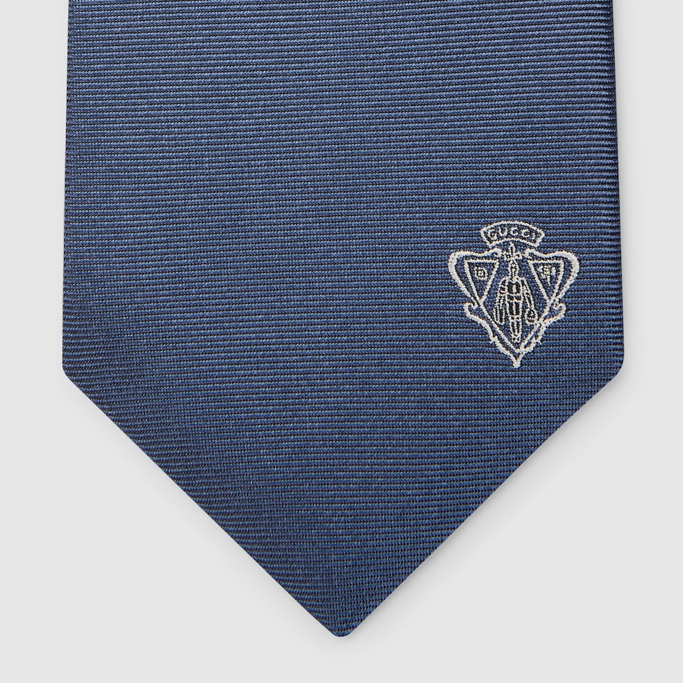 Silk jacquard tie with Gucci crest in blue | GUCCI® US