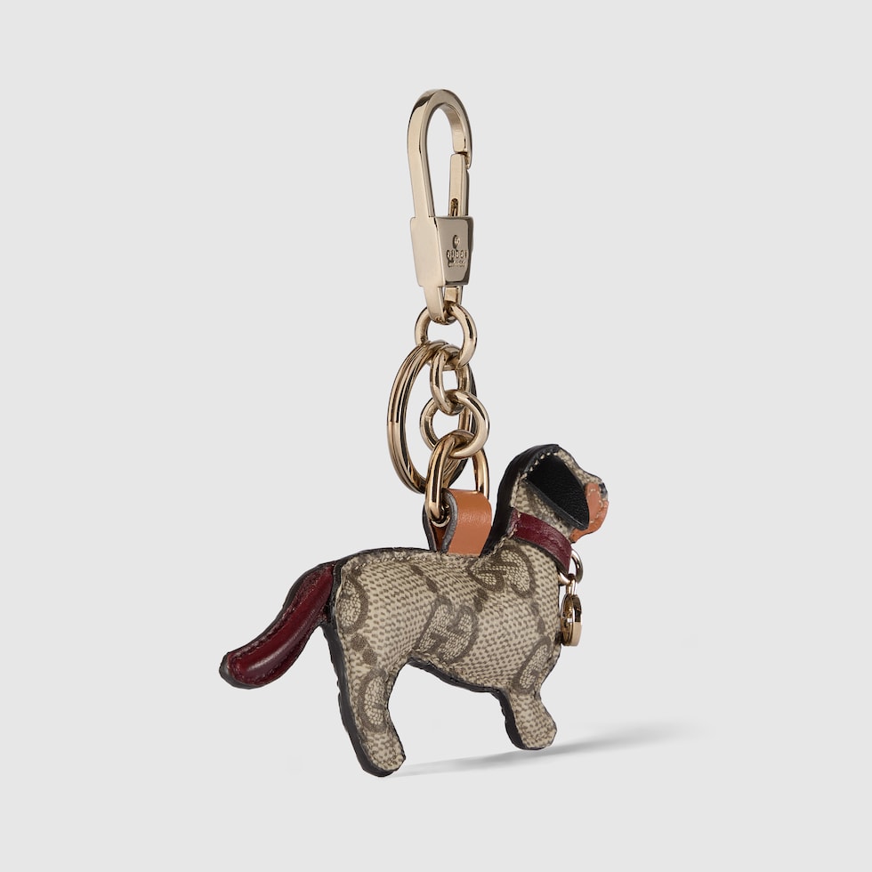 Dog-shaped keychain in beige and dark brown canvas | GUCCI® SG