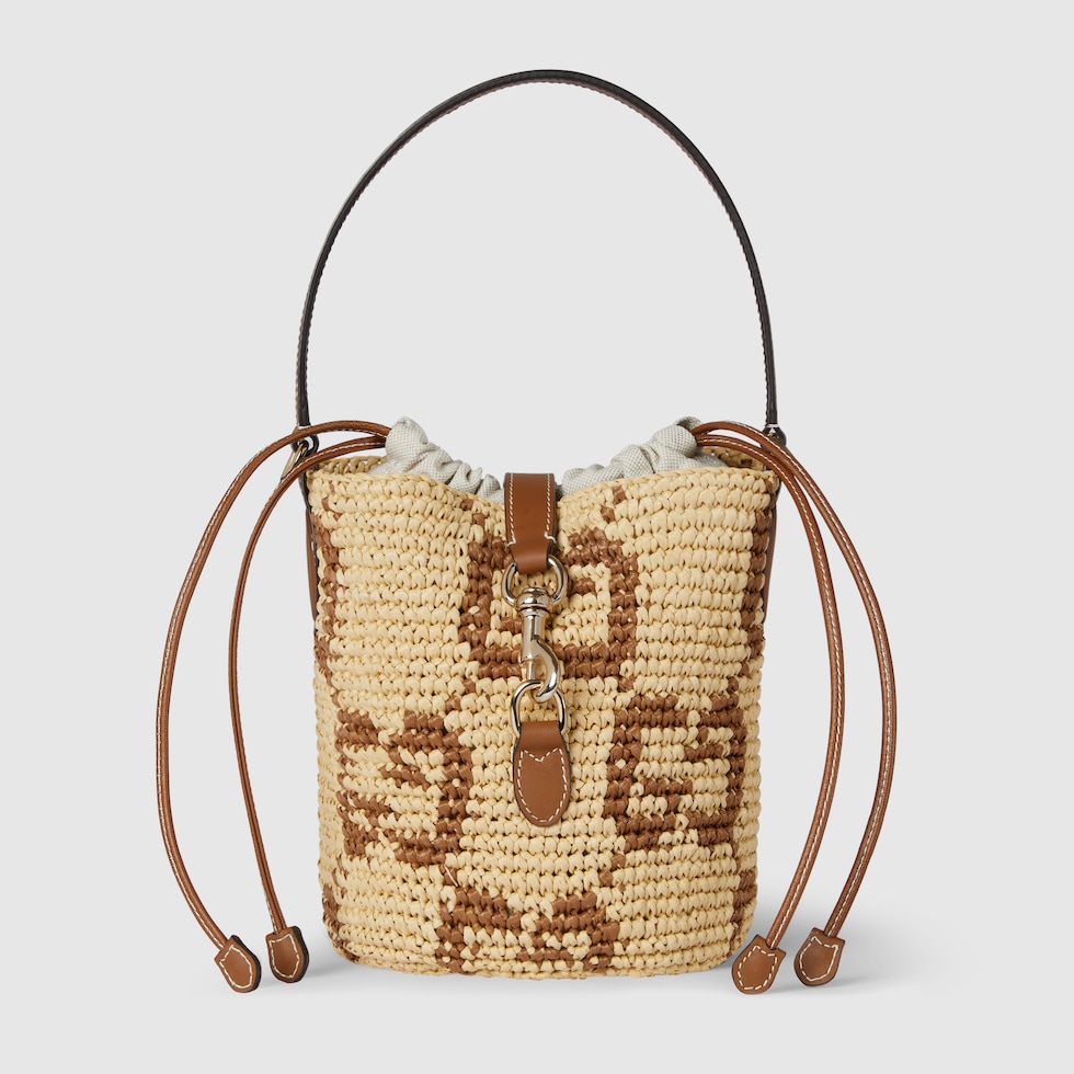 Raffia-effect mini bucket bag in natural and brown fabric | GUCCI® ZA