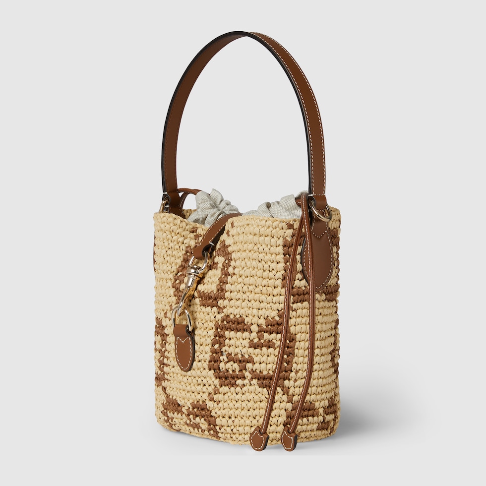 Raffia-effect mini bucket bag in natural and brown fabric | GUCCI® ZA