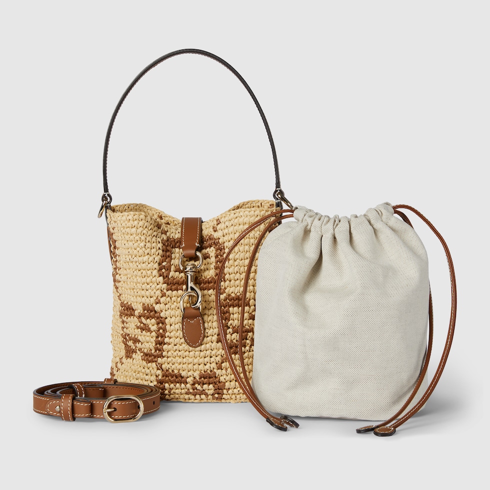 Raffia-effect mini bucket bag in natural and brown fabric | GUCCI® ZA