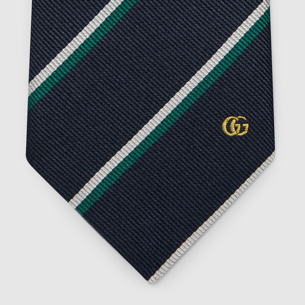 Embroidered silk jacquard tie in dark blue, green and white | GUCCI® CA
