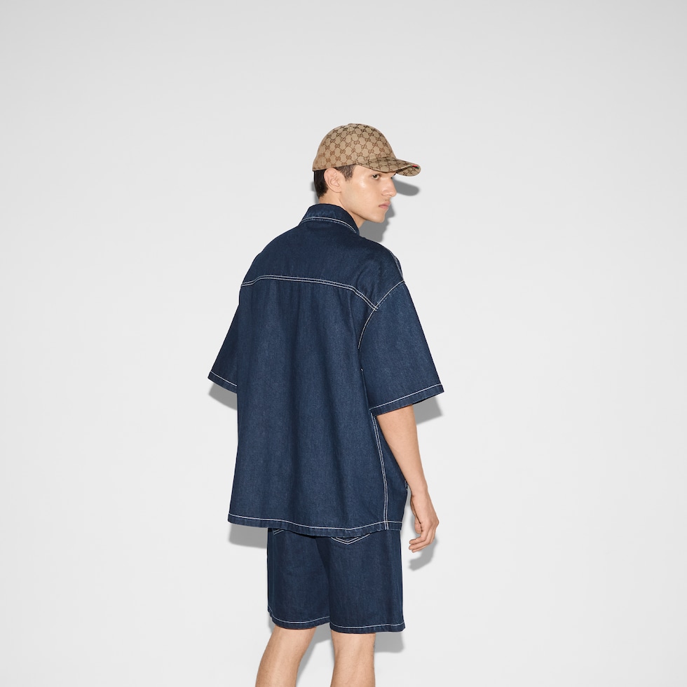 Lasered denim shirt in blue | GUCCI® 香港