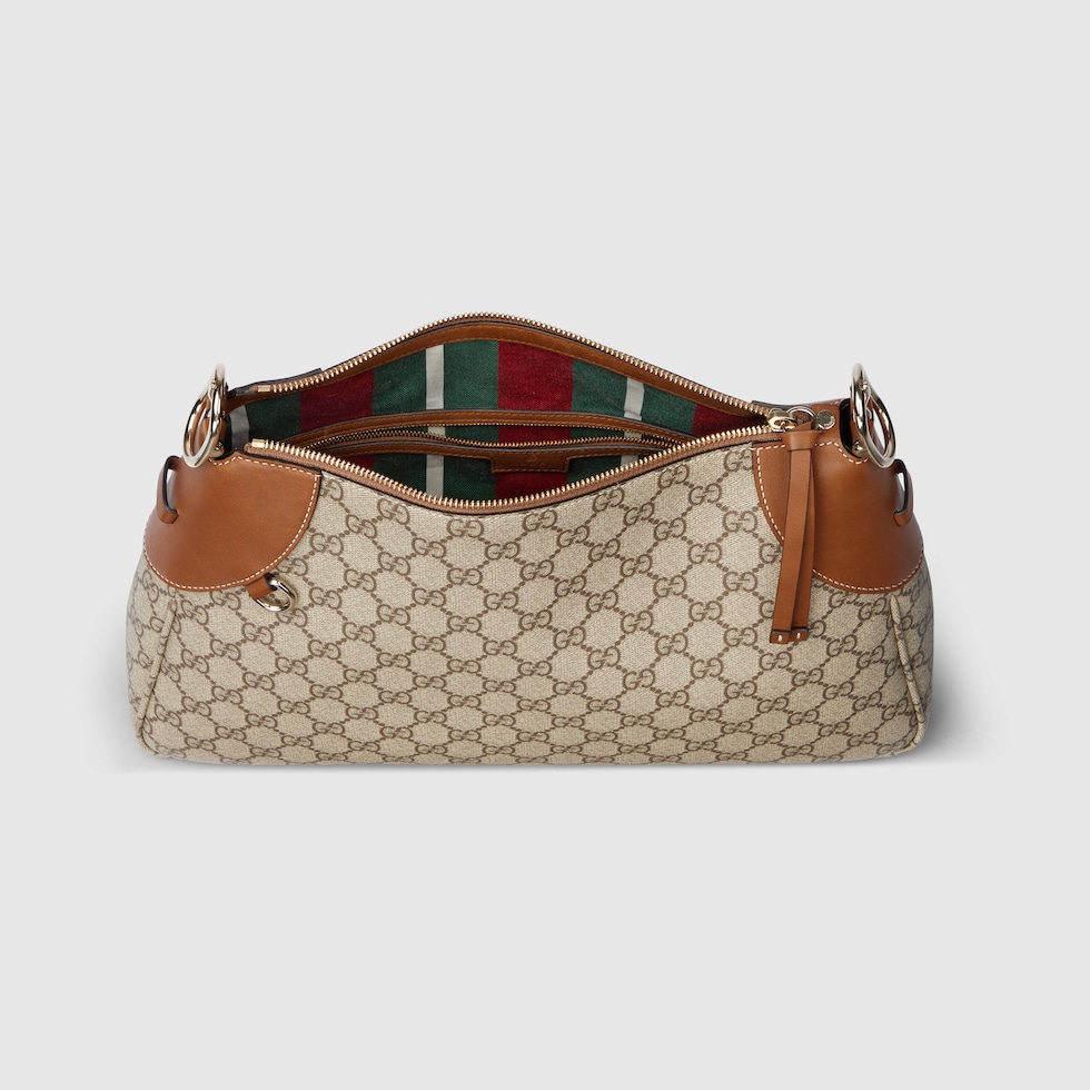 GG Emblem large shoulder bag in beige and dark brown fabric | GUCCI® AE