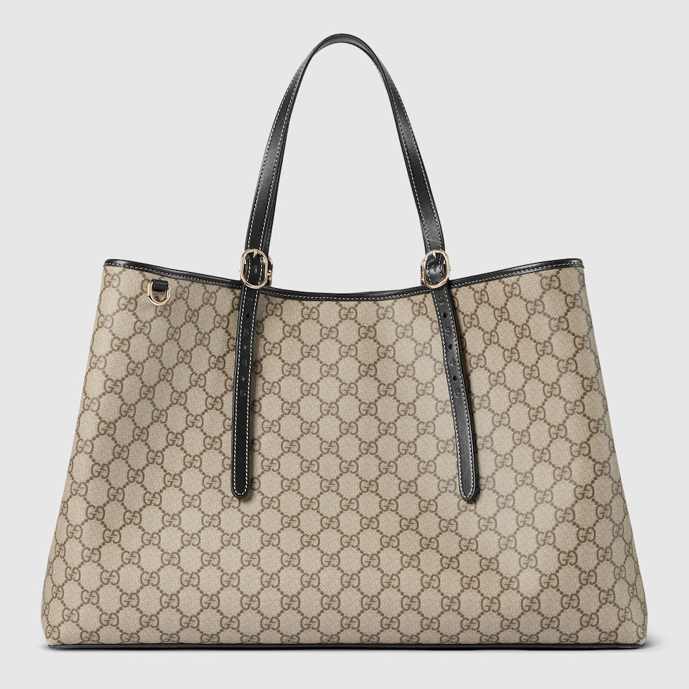 GG Emblem maxi tote bag in beige and dark brown fabric | GUCCI® US