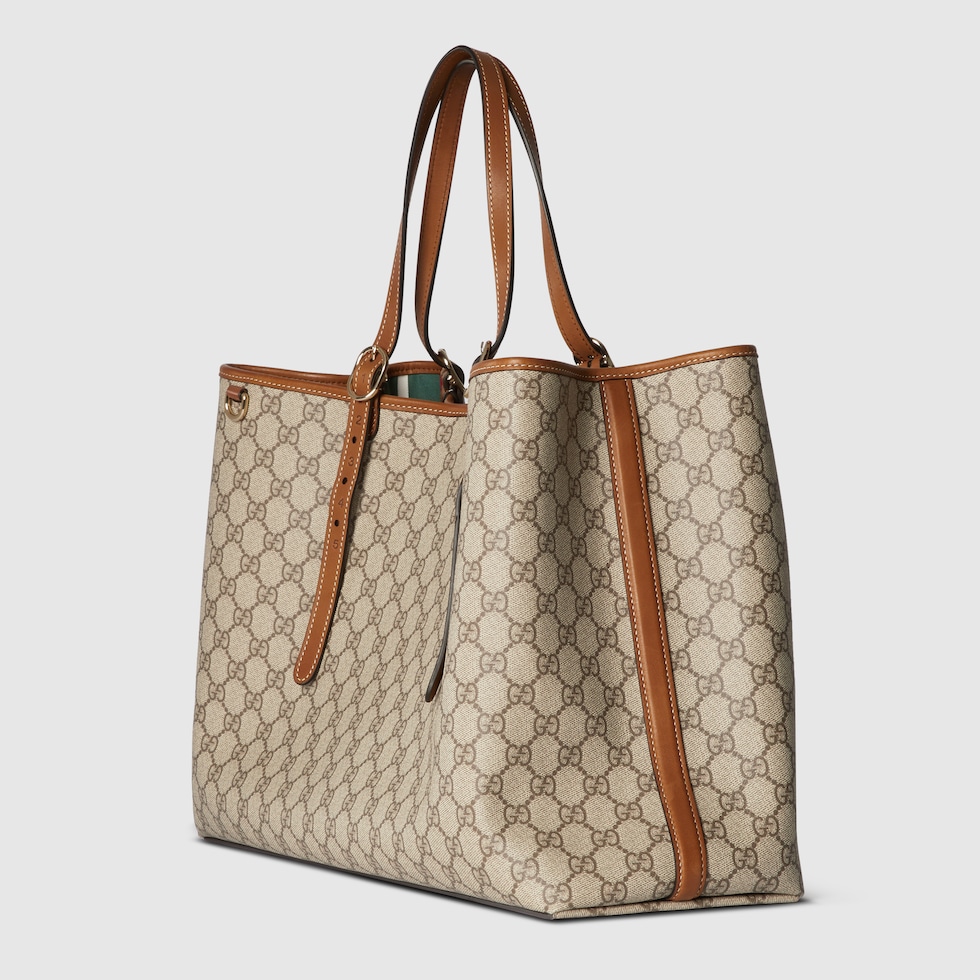 GG Emblem maxi tote bag in beige and dark brown fabric | GUCCI® UK
