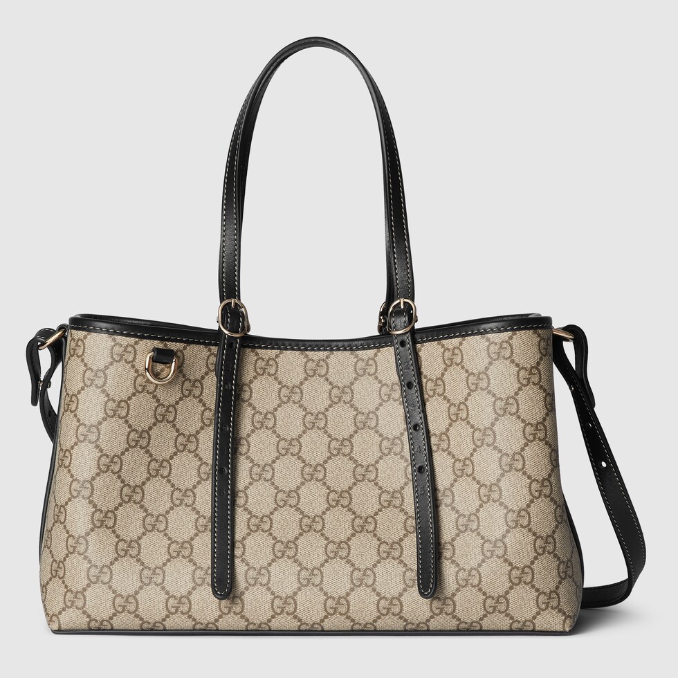 GG Emblem small tote bag in beige and dark brown fabric | GUCCI® PL