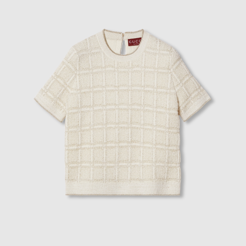 Maglia in jacquard di lana e lamé a quadri in bianco e oro | GUCCI® Italia