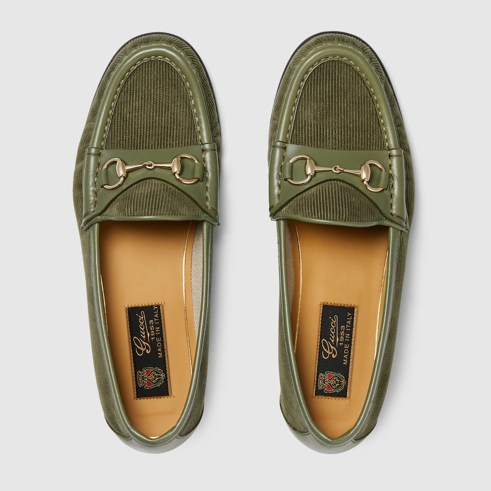 Women's Horsebit 1953 loafer in dark green rib corduroy | GUCCI® UK