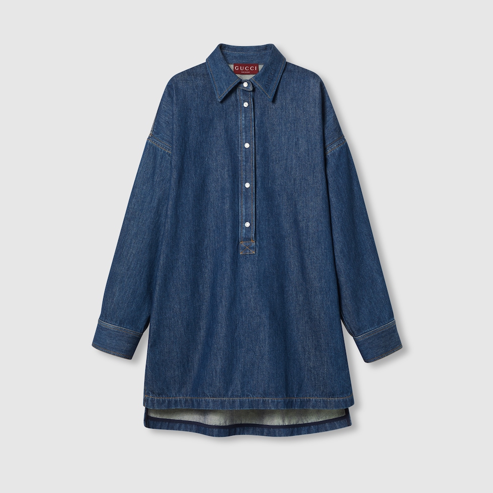 Embroidered denim shirt in dark blue | GUCCI® SG