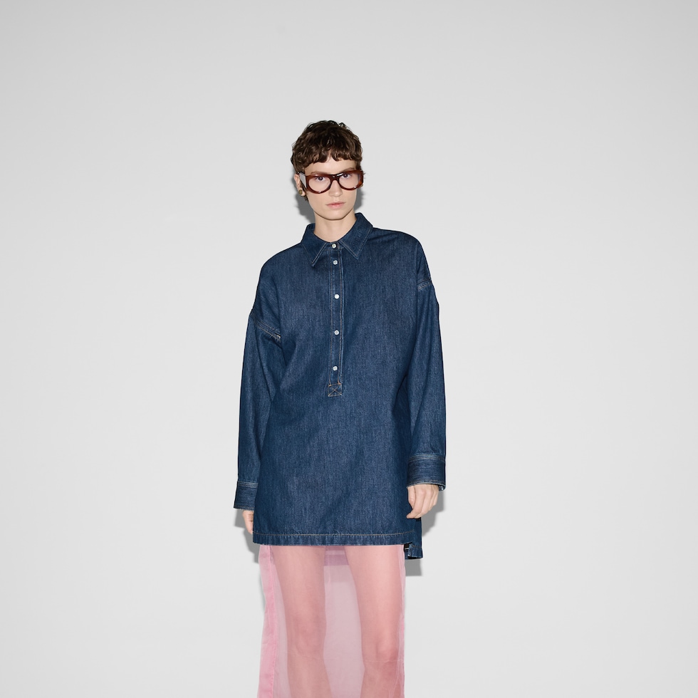 Embroidered denim shirt in dark blue | GUCCI® SG
