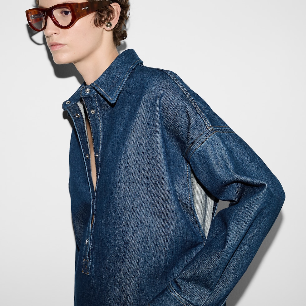 Embroidered denim shirt in dark blue | GUCCI® SG