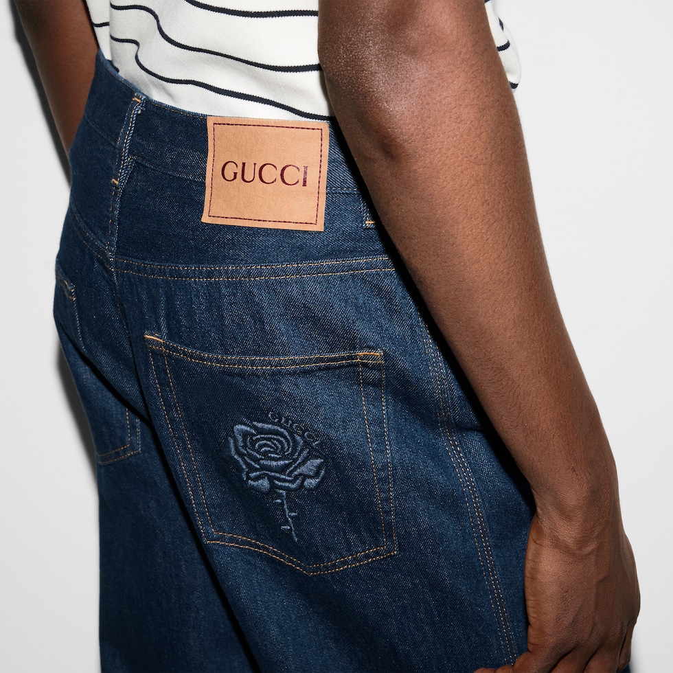 Embroidered denim pants in dark blue | GUCCI® UK
