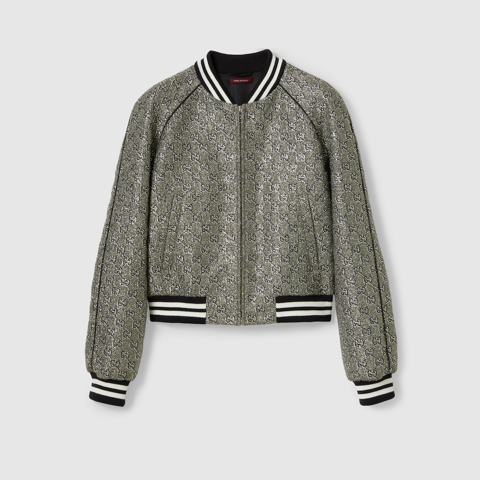 Embroidered tweed bomber jacket in grey | GUCCI® TR