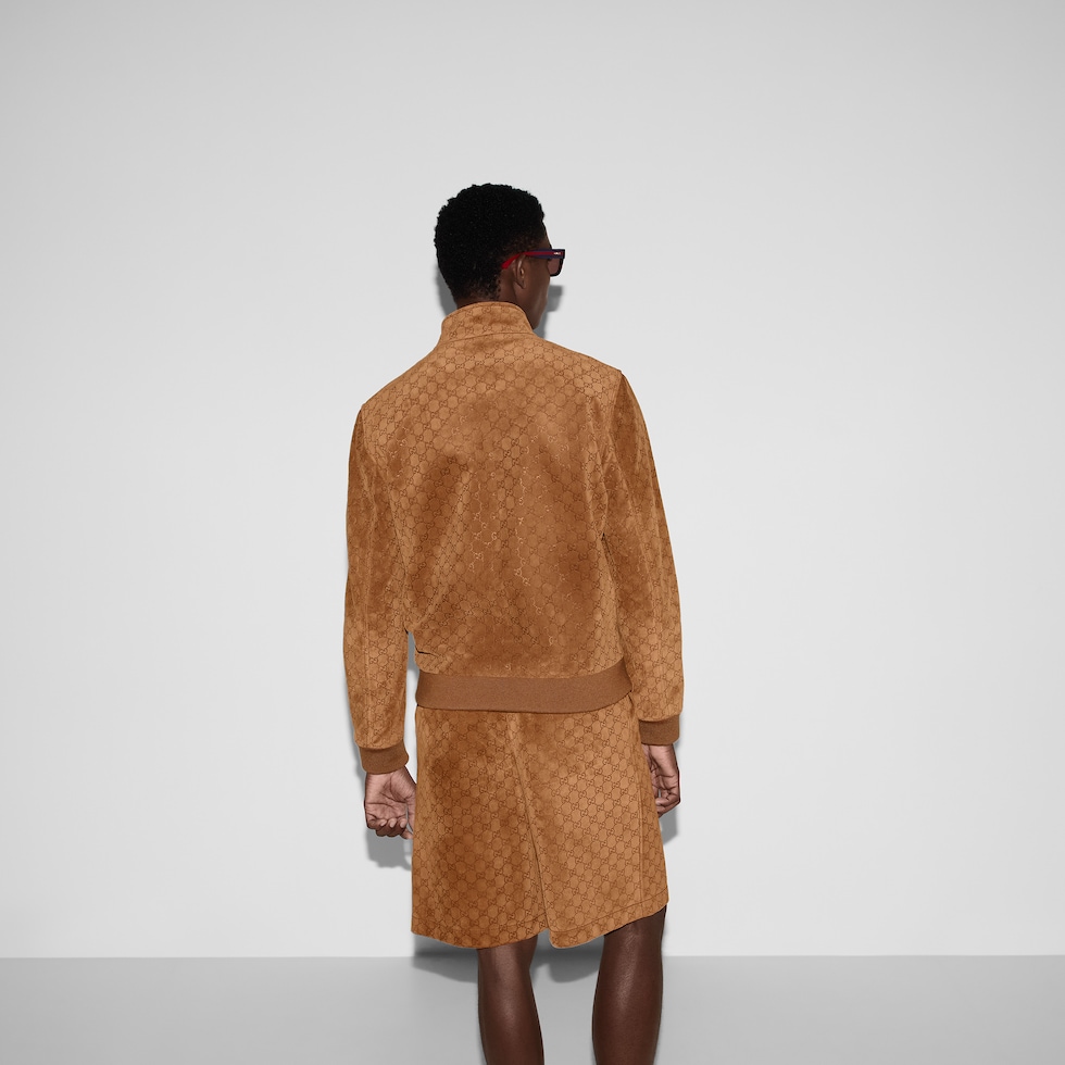 Embossed GG suede bomber jacket in camel | GUCCI® UK