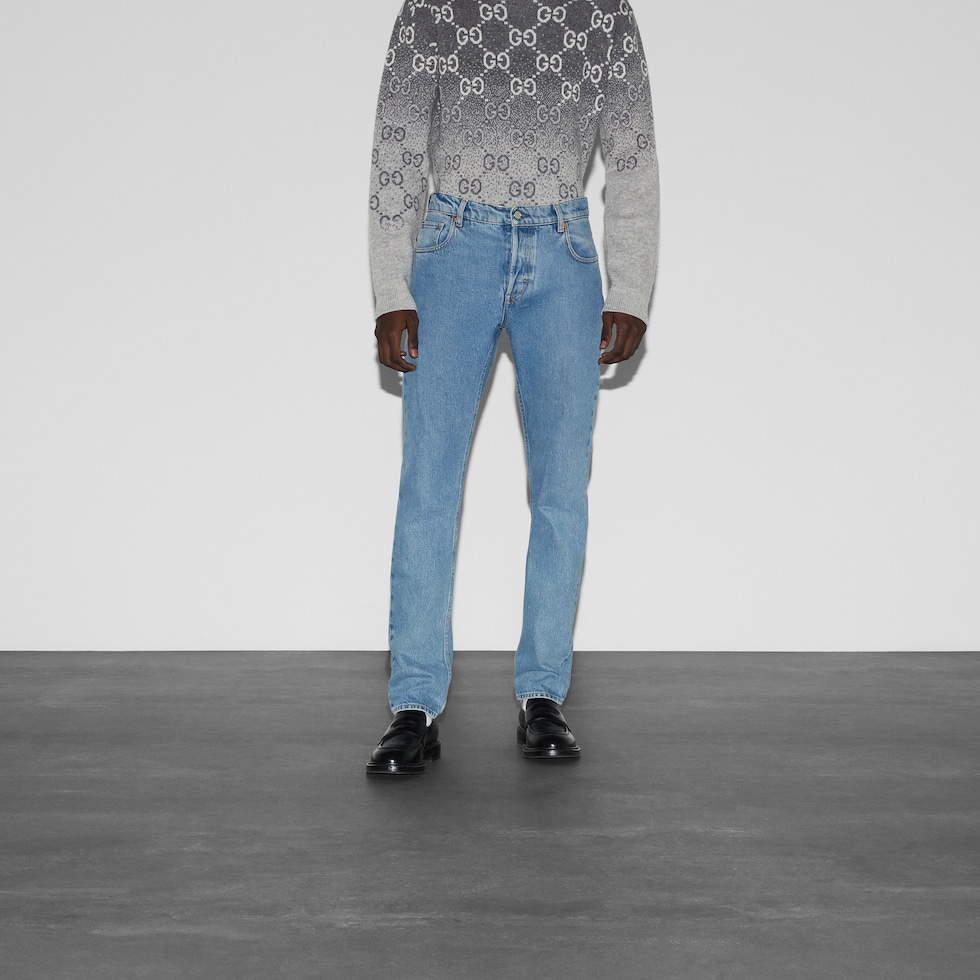 Tapered denim pant with Web in blue | GUCCI® US