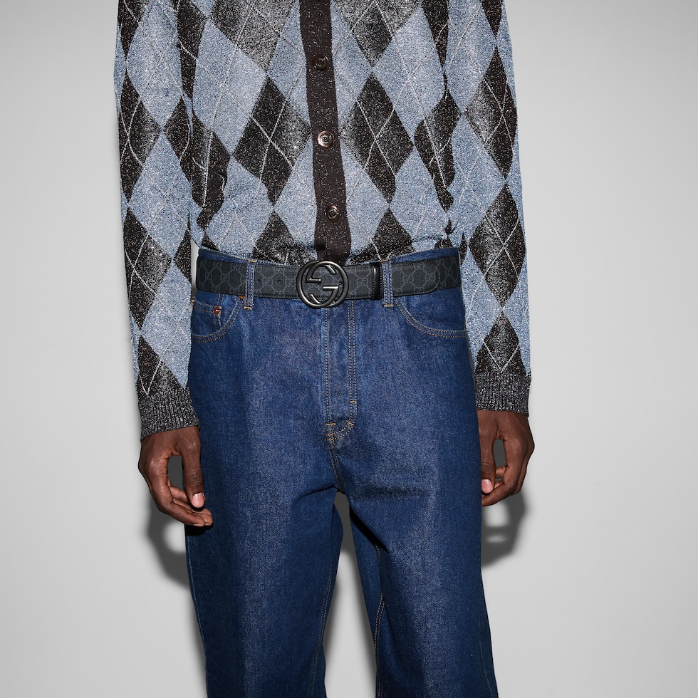 Belt with Interlocking G buckle in black Supreme canvas | GUCCI® PL