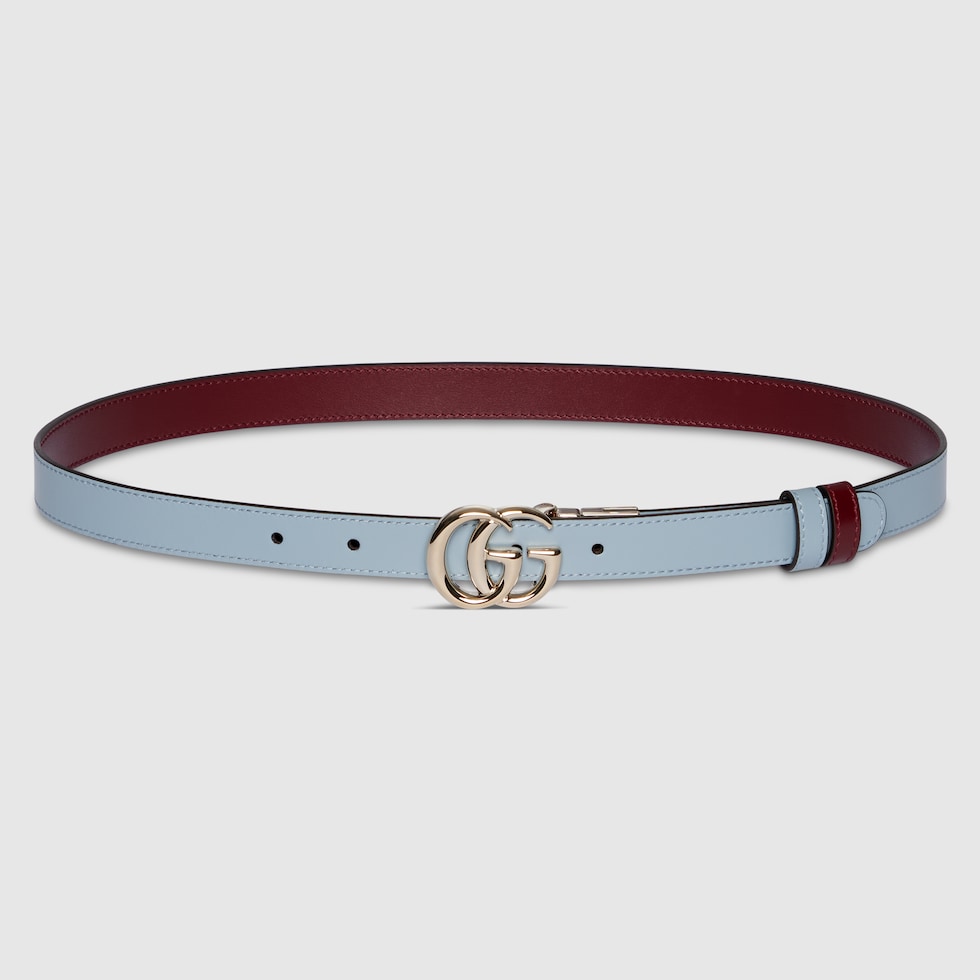 GG Marmont reversible thin belt in light blue and Rosso Ancora red leather | GUCCI® UK