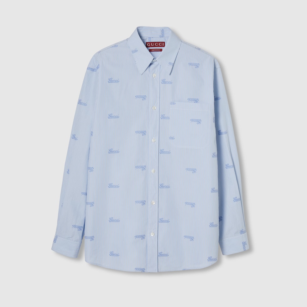 Embroidered striped cotton shirt in light blue and white | GUCCI® SG