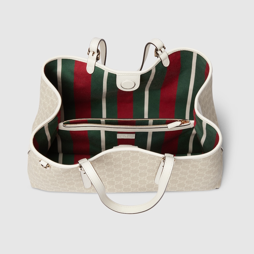 GG Emblem medium tote bag in beige and white fabric | GUCCI® RO