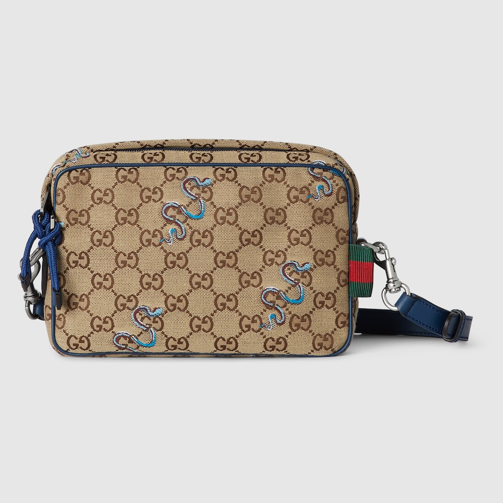 Small embroidered snake crossbody bag in beige and dark brown canvas ...