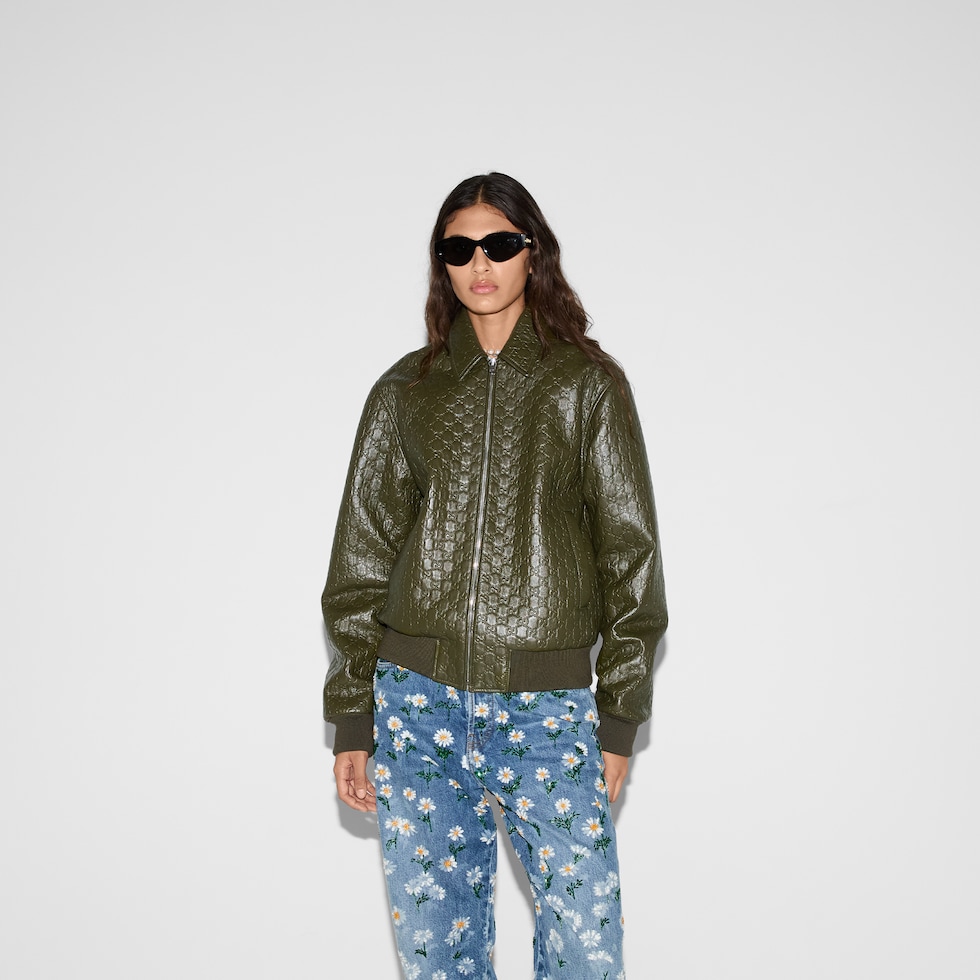Embossed GG leather bomber jacket in dark green | GUCCI® US