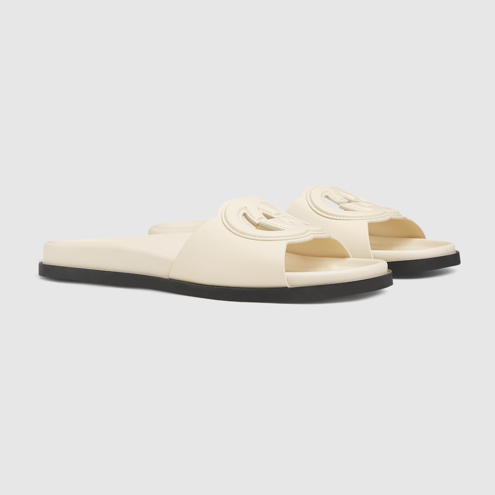 Women's slide sandal with Interlocking G in ivory leather | GUCCI ...