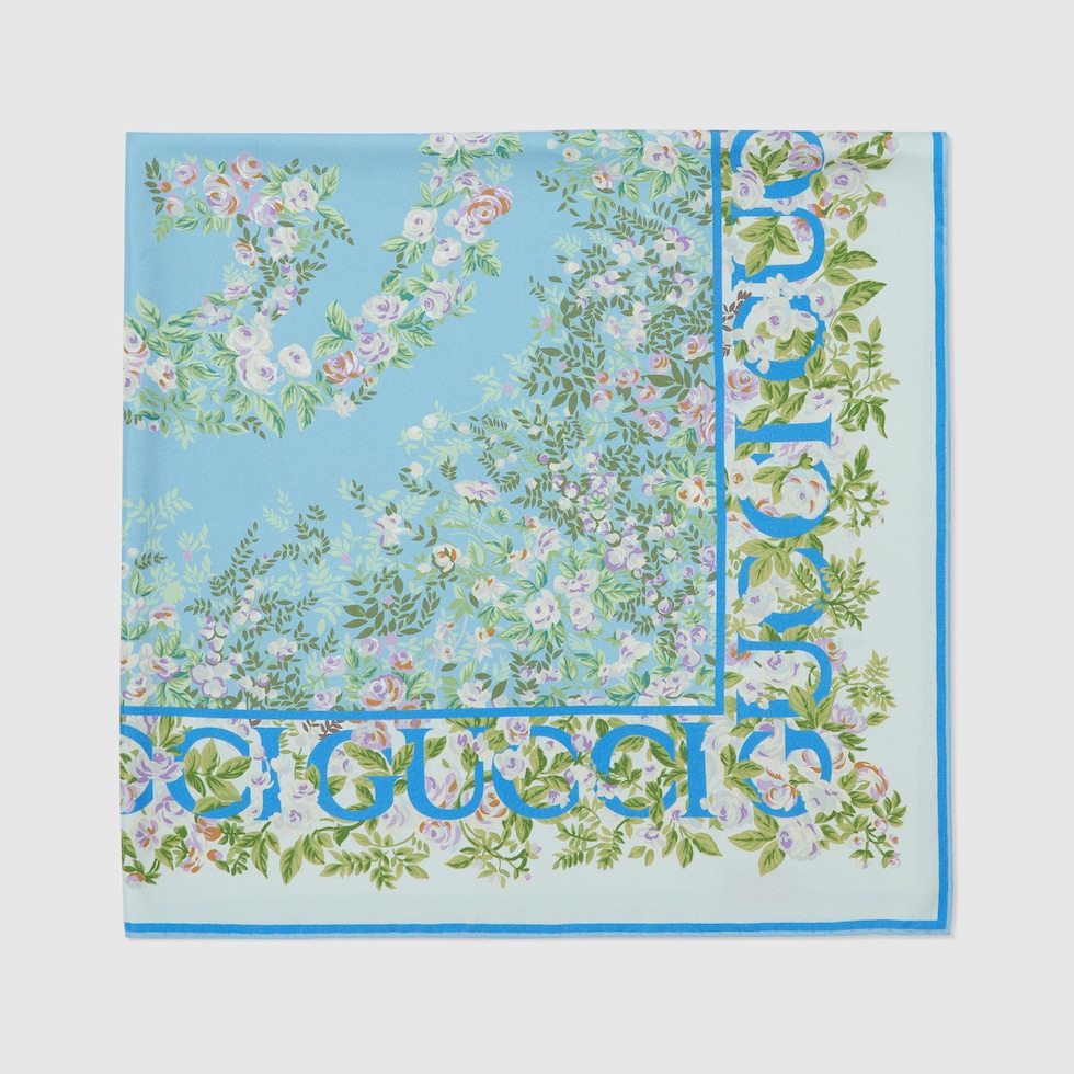Gucci Interlocking G floral print silk carré in light blue | GUCCI® BG