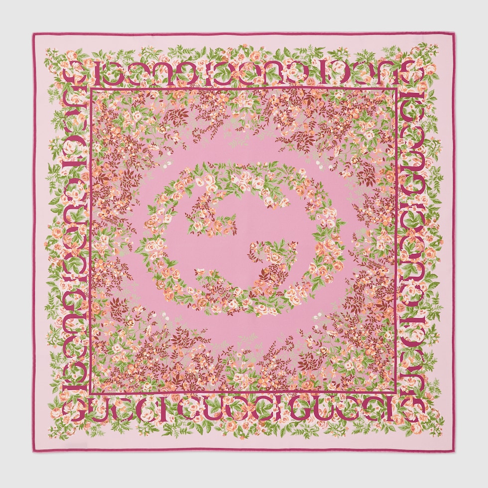 Gucci Interlocking G floral print silk carré in light pink | GUCCI® NL