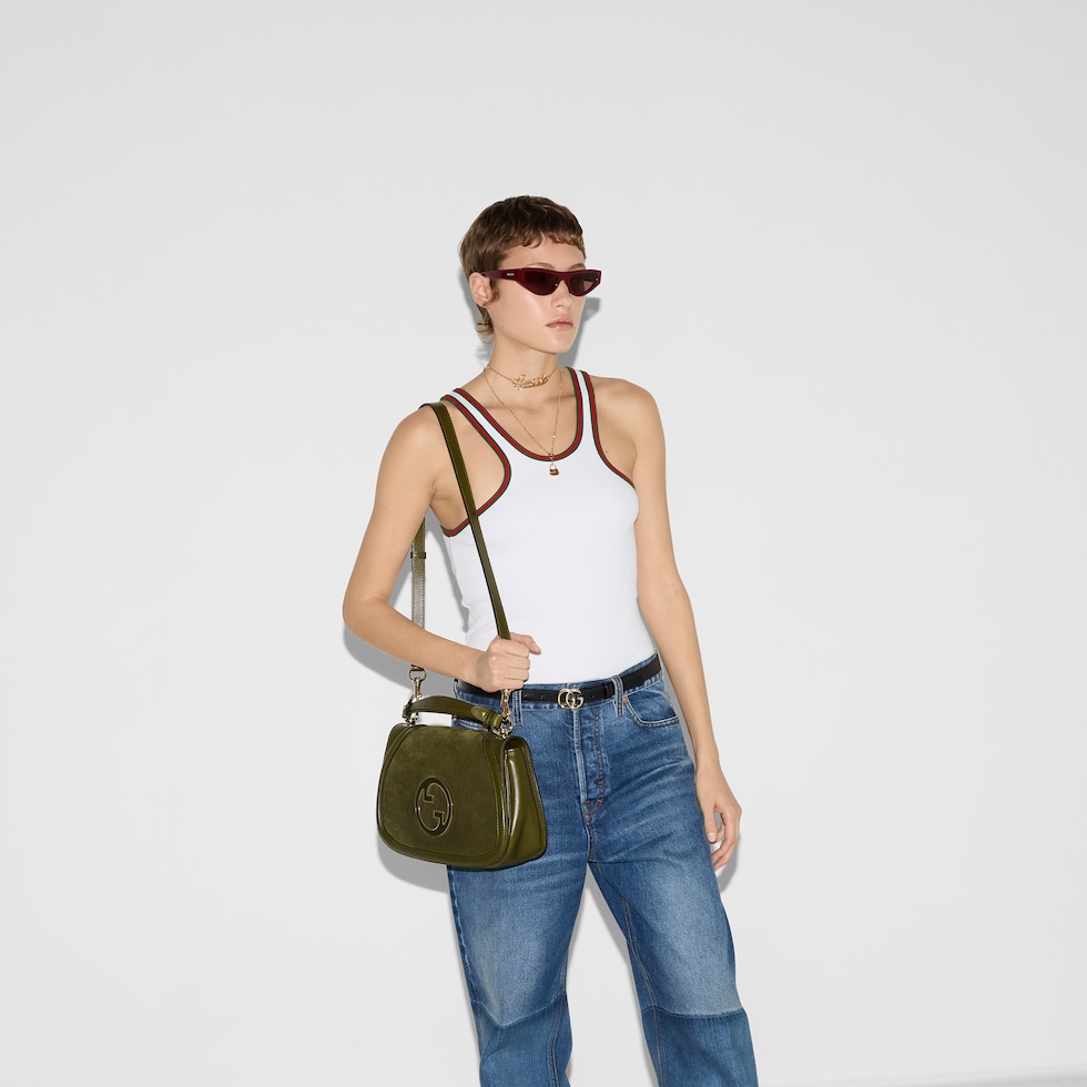 Gucci Blondie large top handle bag in dark green suede | GUCCI® UK