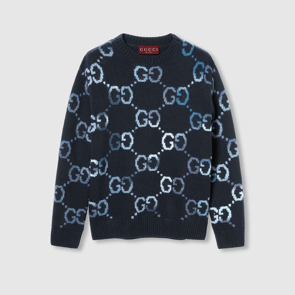Wool jumper with GG intarsia in navy and blue ombré | GUCCI® UK