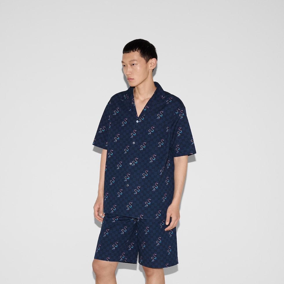 Printed cotton ripstop shirt in blue and Gucci Rosso Ancora Printed cotton ripstop shirt in blue and Gucci Rosso Ancora