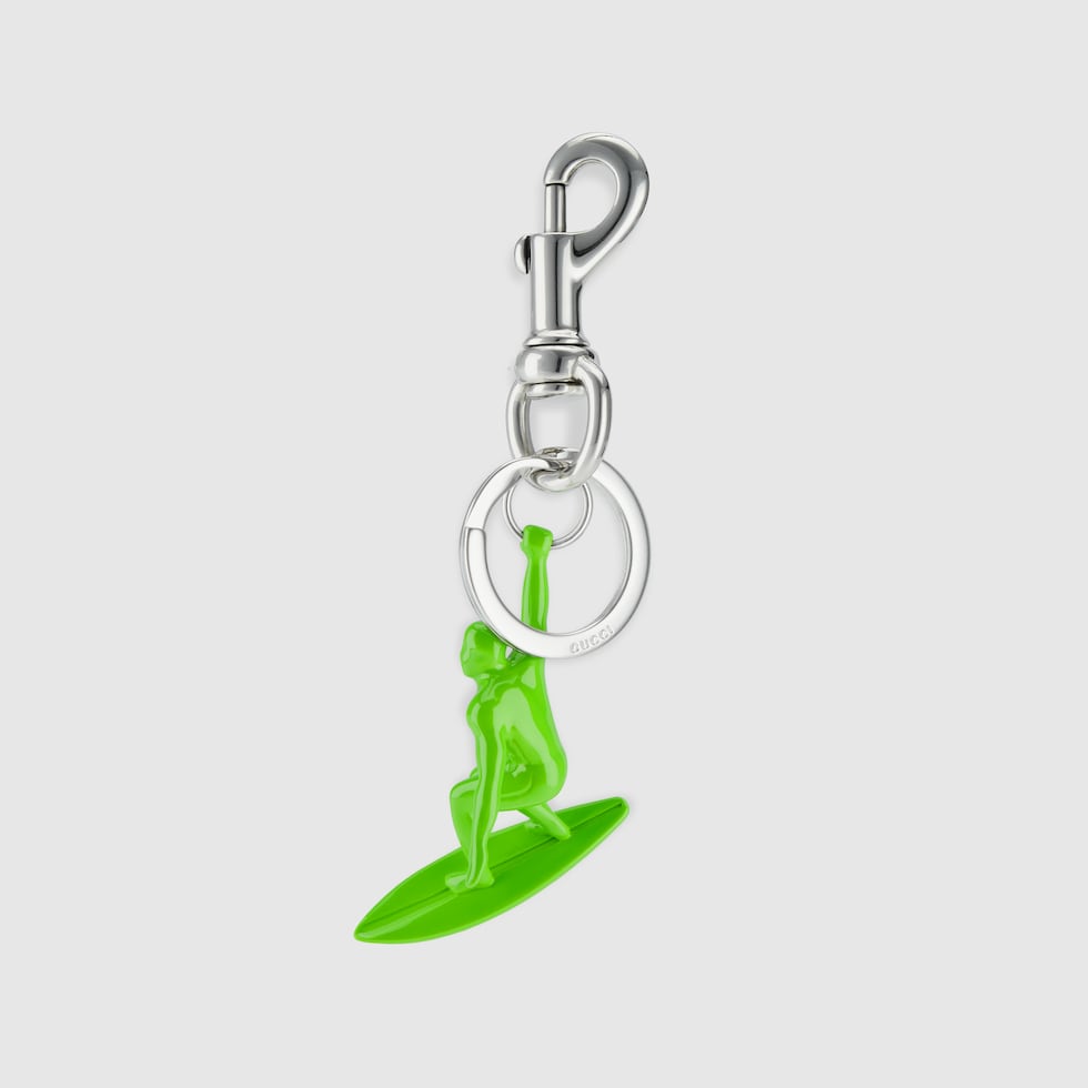 Engraved surfer keychain charm in bright green metal | GUCCI® UK
