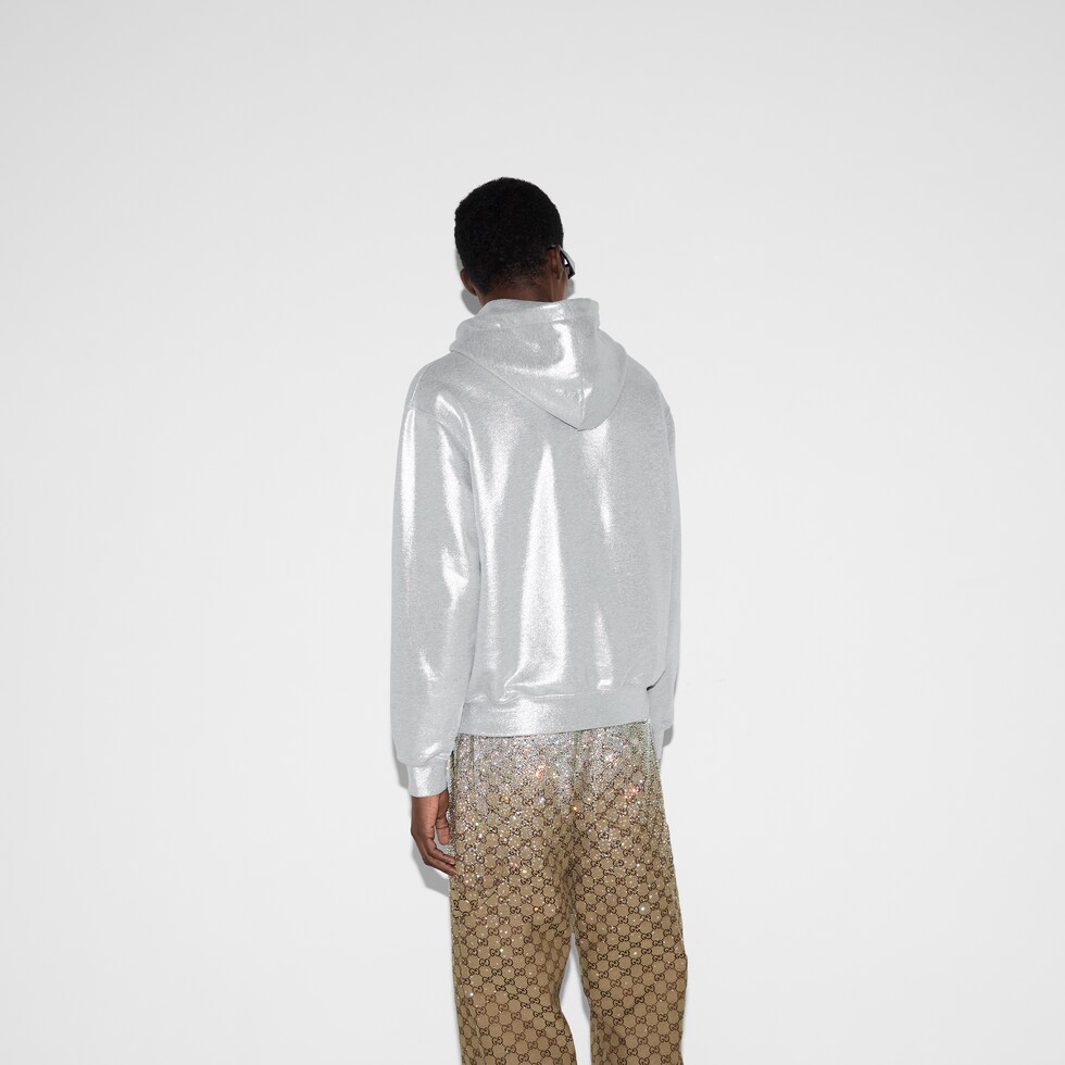 Felpa in jersey di cotone stampato con cappuccio in argento | GUCCI® Italia