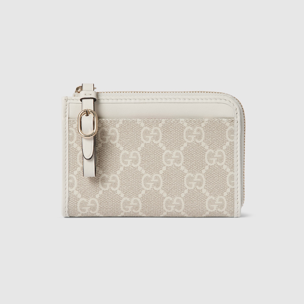 GG Emblem zip card case in beige and white fabric | GUCCI® ZA