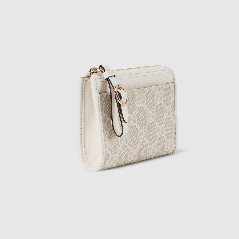 GG Emblem zip card case in beige and white fabric | GUCCI® UK