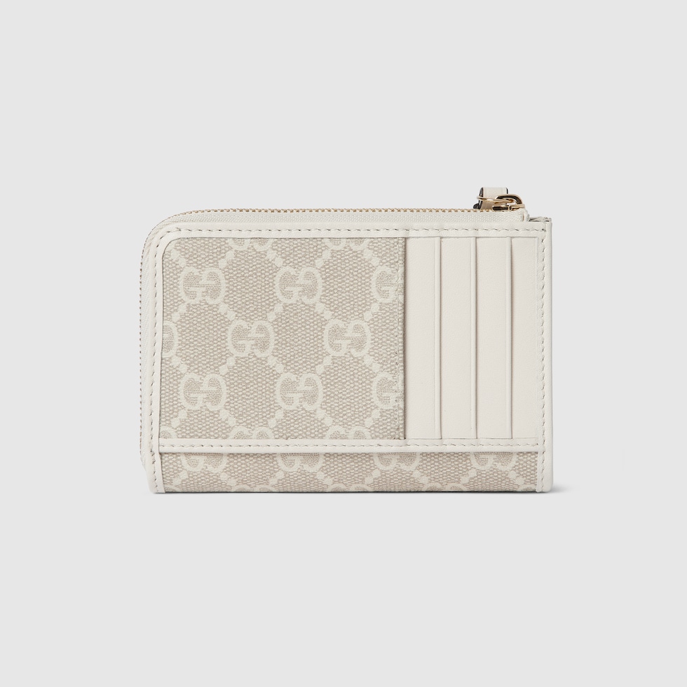 GG Emblem zip card case in beige and white fabric | GUCCI® BE