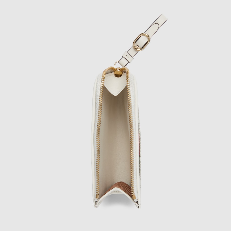 GG Emblem zip card case in beige and white fabric | GUCCI® UK
