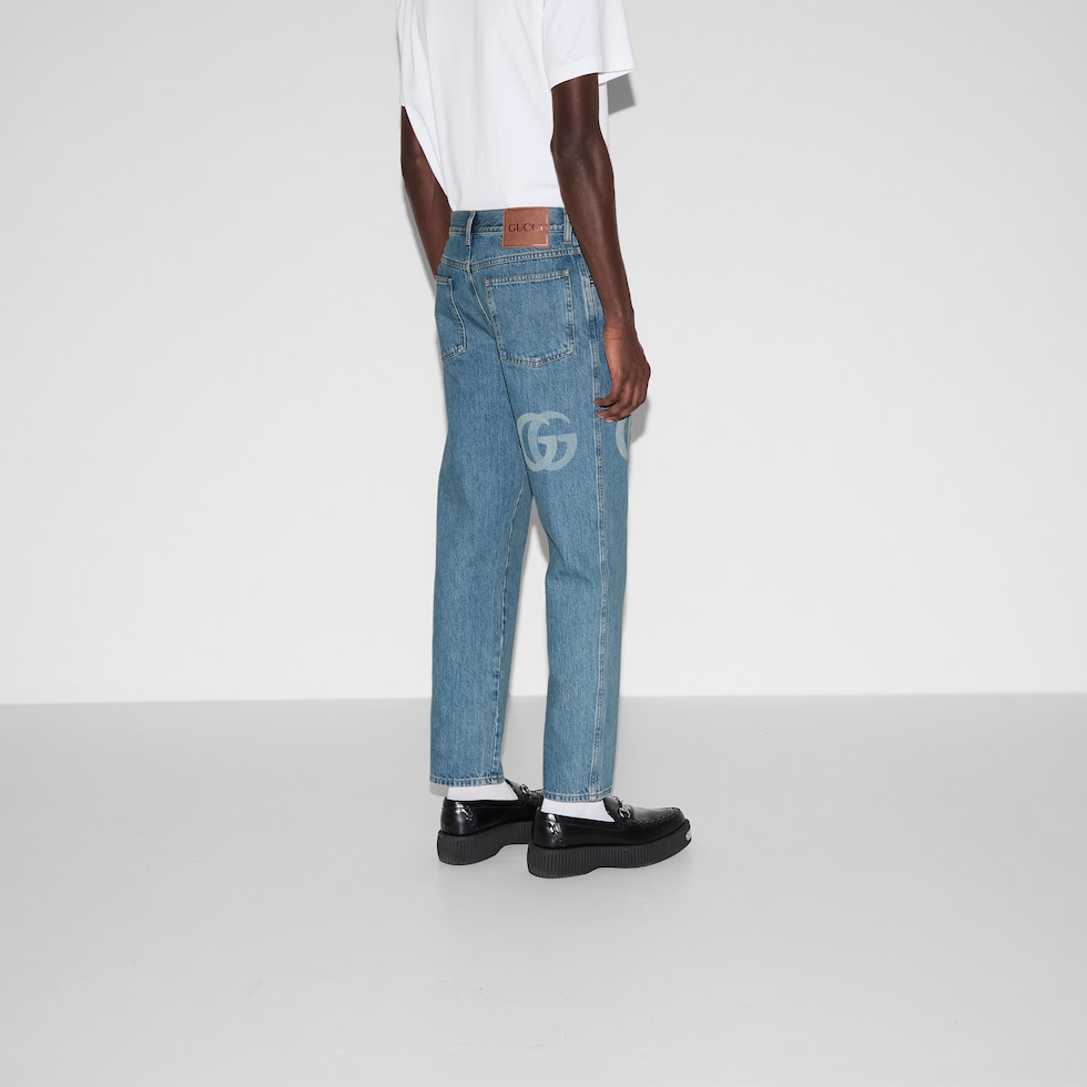 Lasered Double G denim trouser in blue | GUCCI® CH
