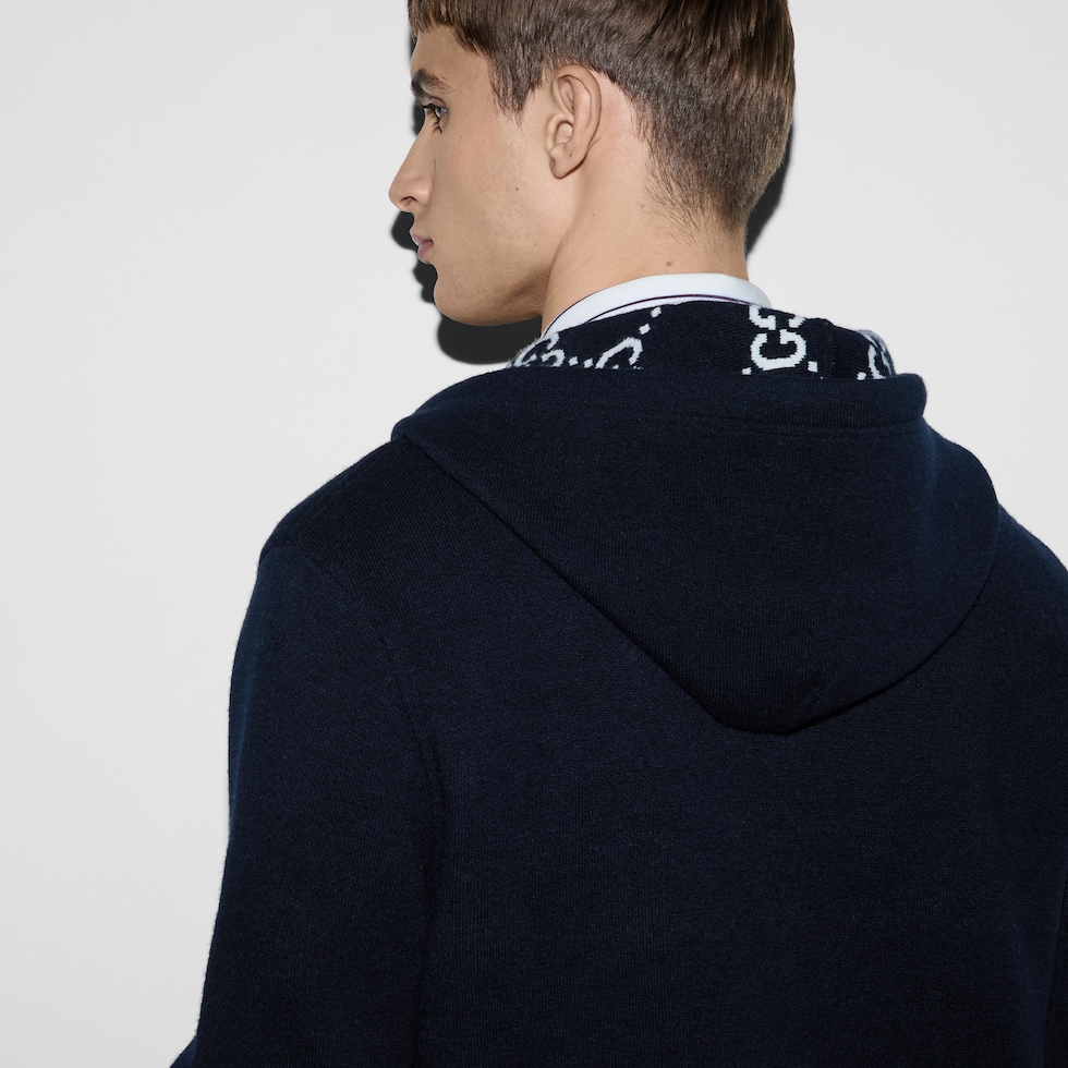 Giacca reversibile in lana GG con cerniera e cappuccio in blu scuro | GUCCI® Italia