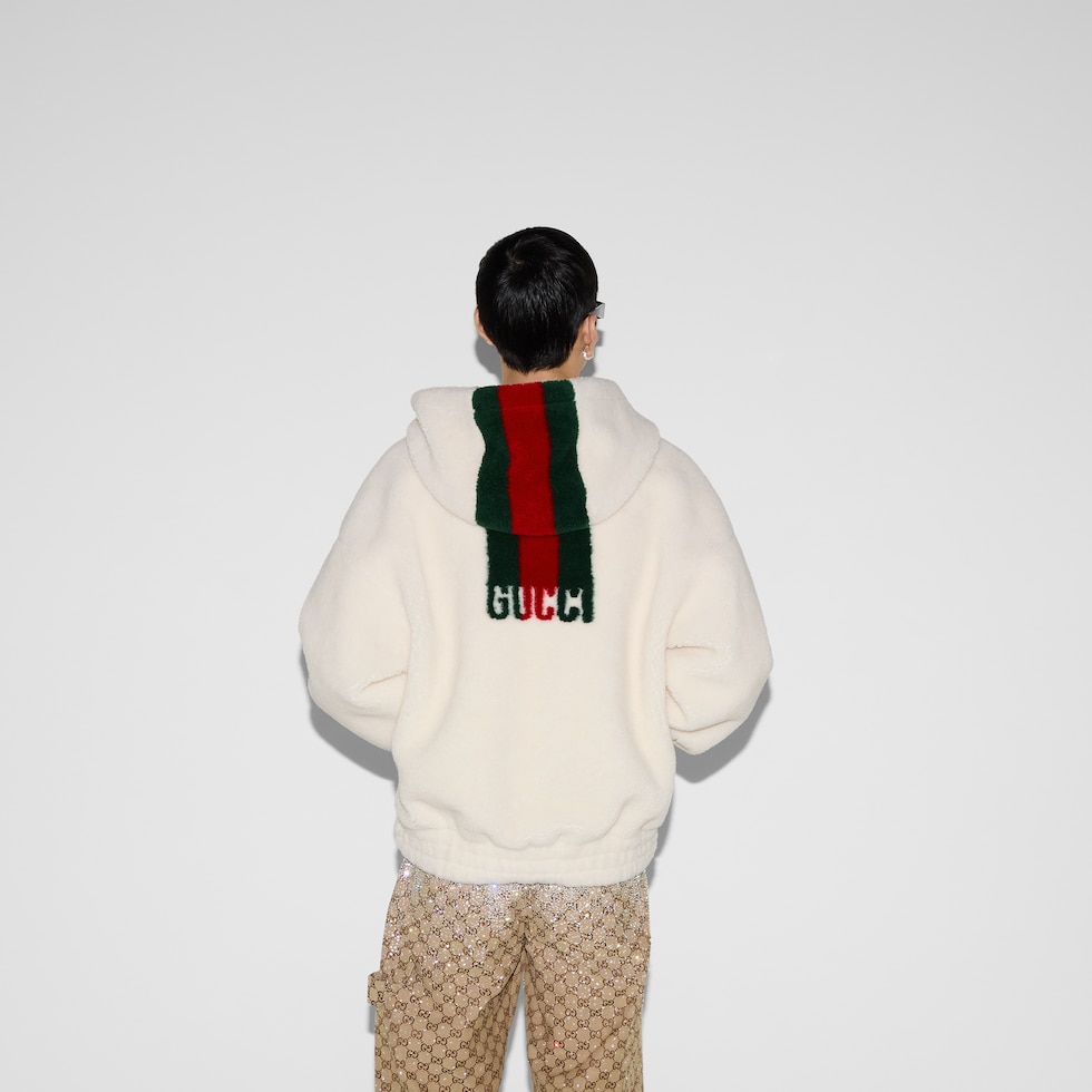 Wool fleece zip jacket with Web in ivory | GUCCI® UK