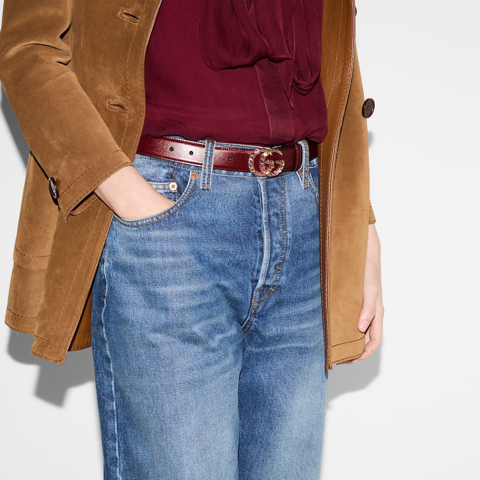 GG Marmont thin belt with crystals in Rosso Ancora red leather | GUCCI® CA