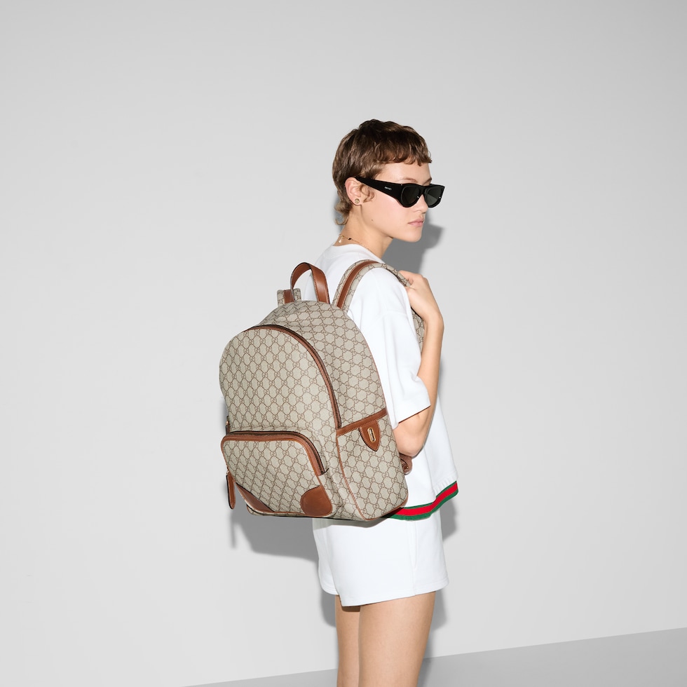 GG Emblem medium backpack in beige and dark brown fabric | GUCCI® TR